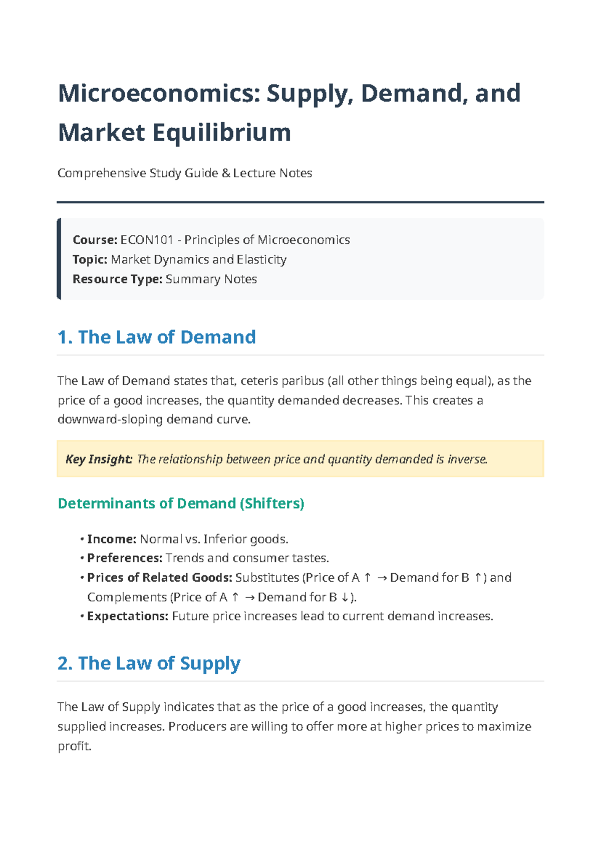 ECON101 Microeconomics: Supply, Demand & Market Equilibrium Notes - Studocu