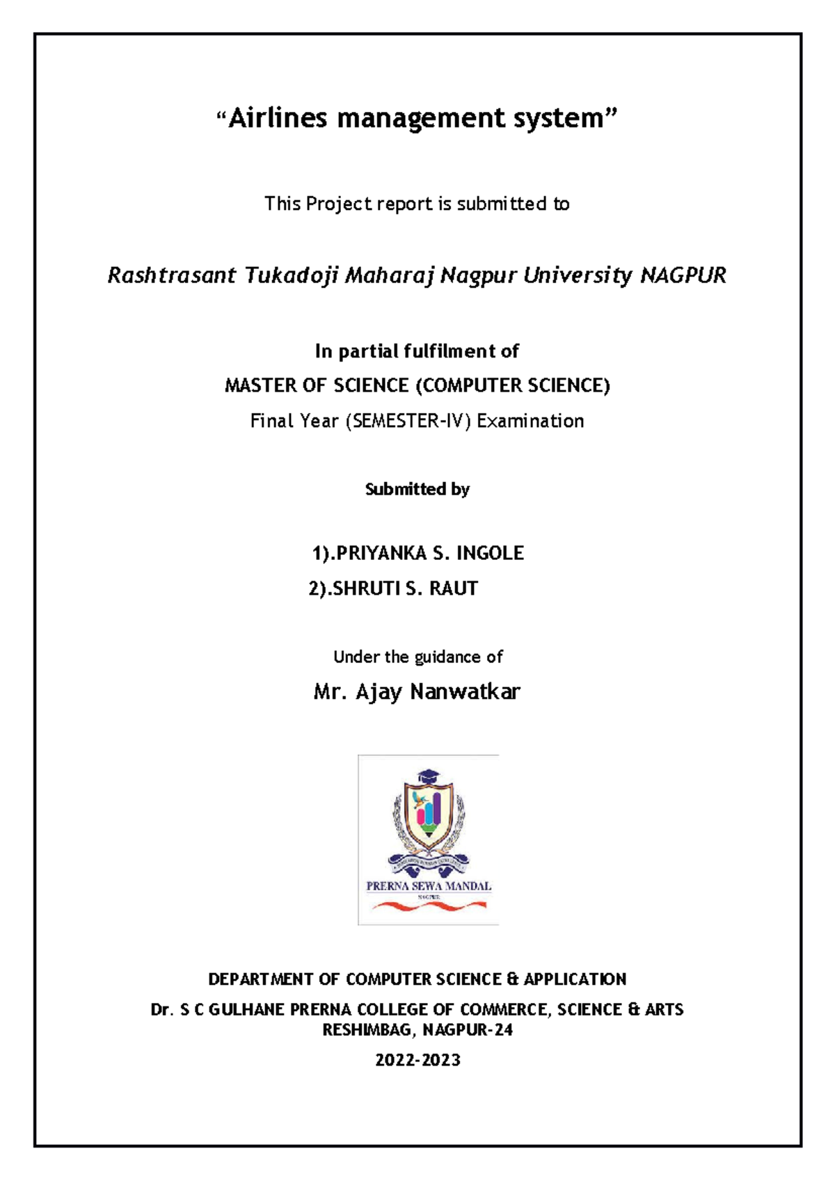 Airlines Management System Project Report - M.Sc. (CS) Final Year - Studocu
