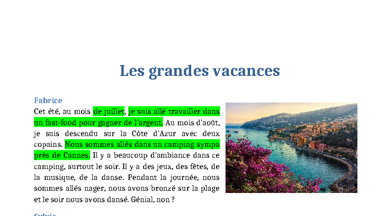 Les grandes vacances - Compréhension écrite et réponses (Français ...