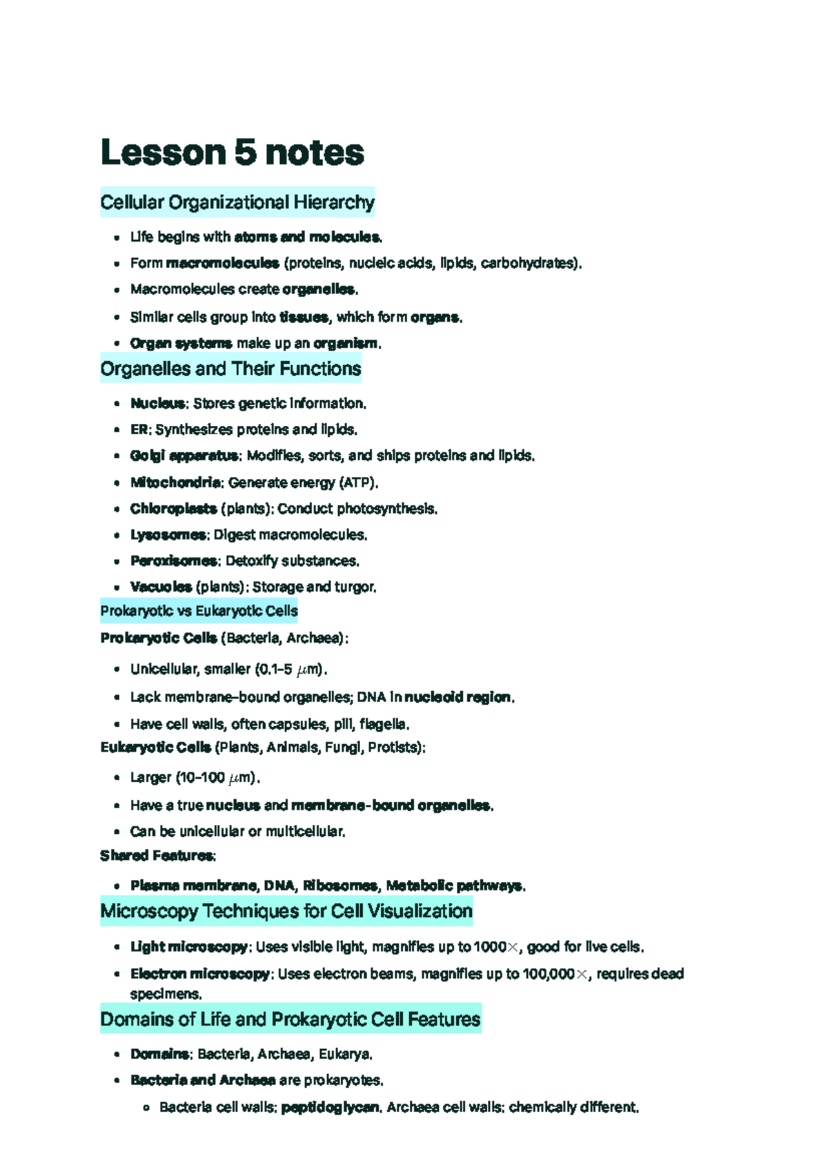 Eukaryotic Cell Structure & Functions - Lesson 5 Notes - Studocu
