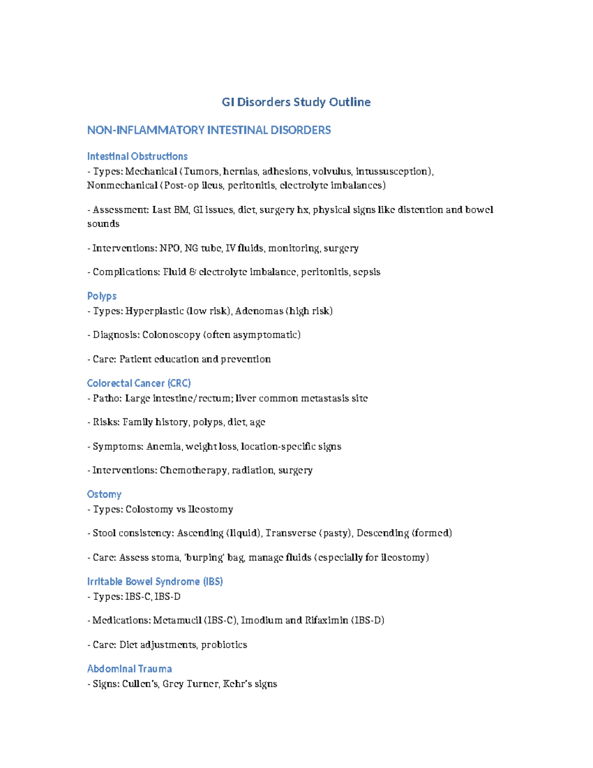 GI Disorders Study Outline - GI Disorders Study Outline NON ...