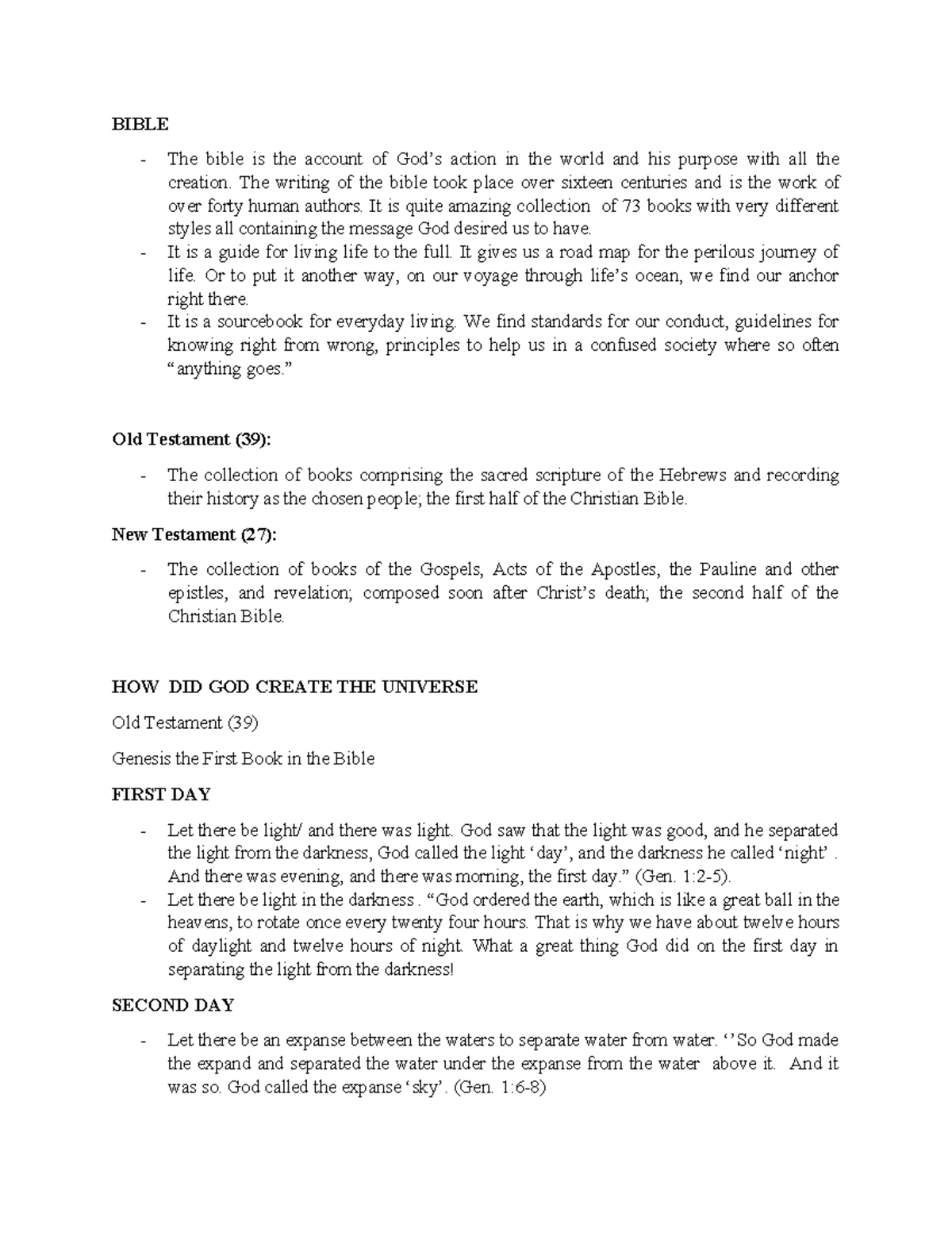 BIBLE: Creation and Purpose in the Sacred Texts - Studocu