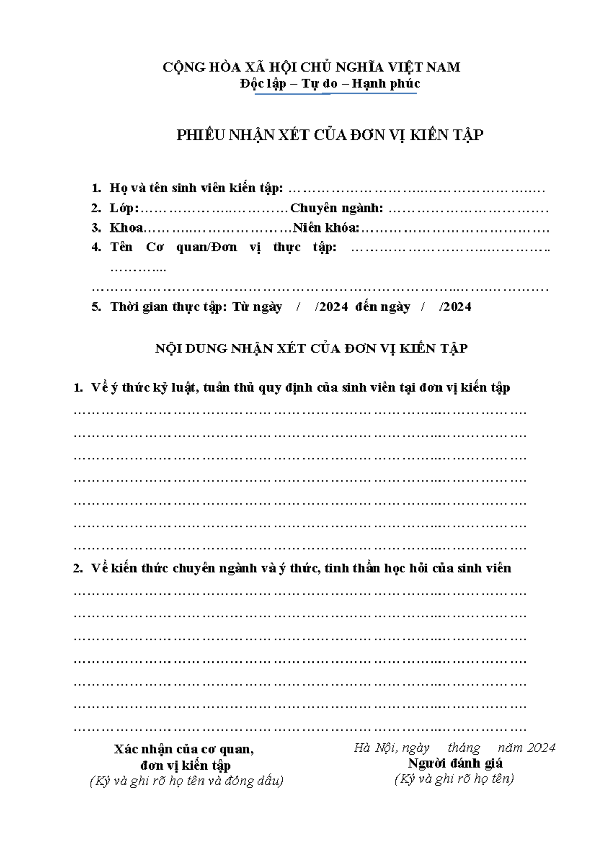 Mẫu Nhan xet kien tập - Mẫu Nhan xet kien tập - CỘNG HÒA XÃ HỘI CHỦ ...