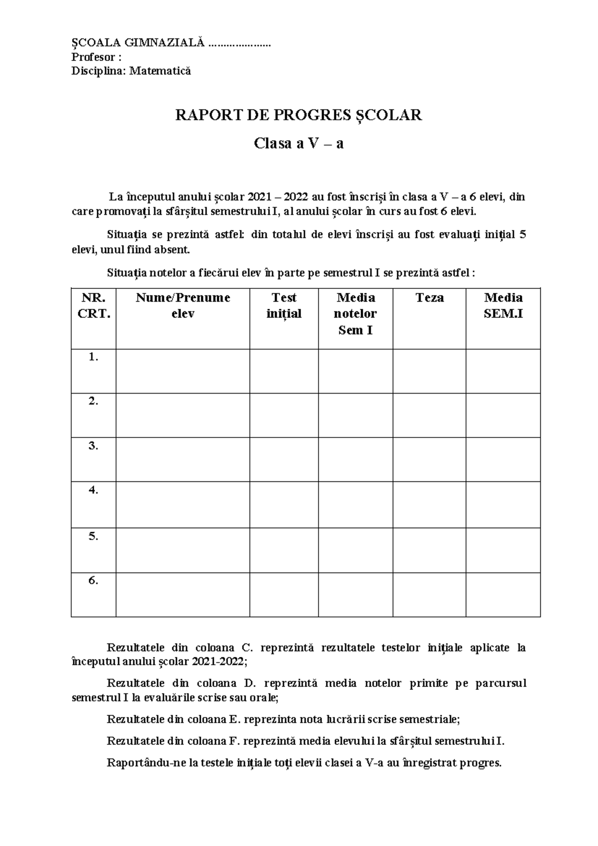 Raport de Progres Școlar Clasa a V-a - Matematică 2021-2022 - Studocu