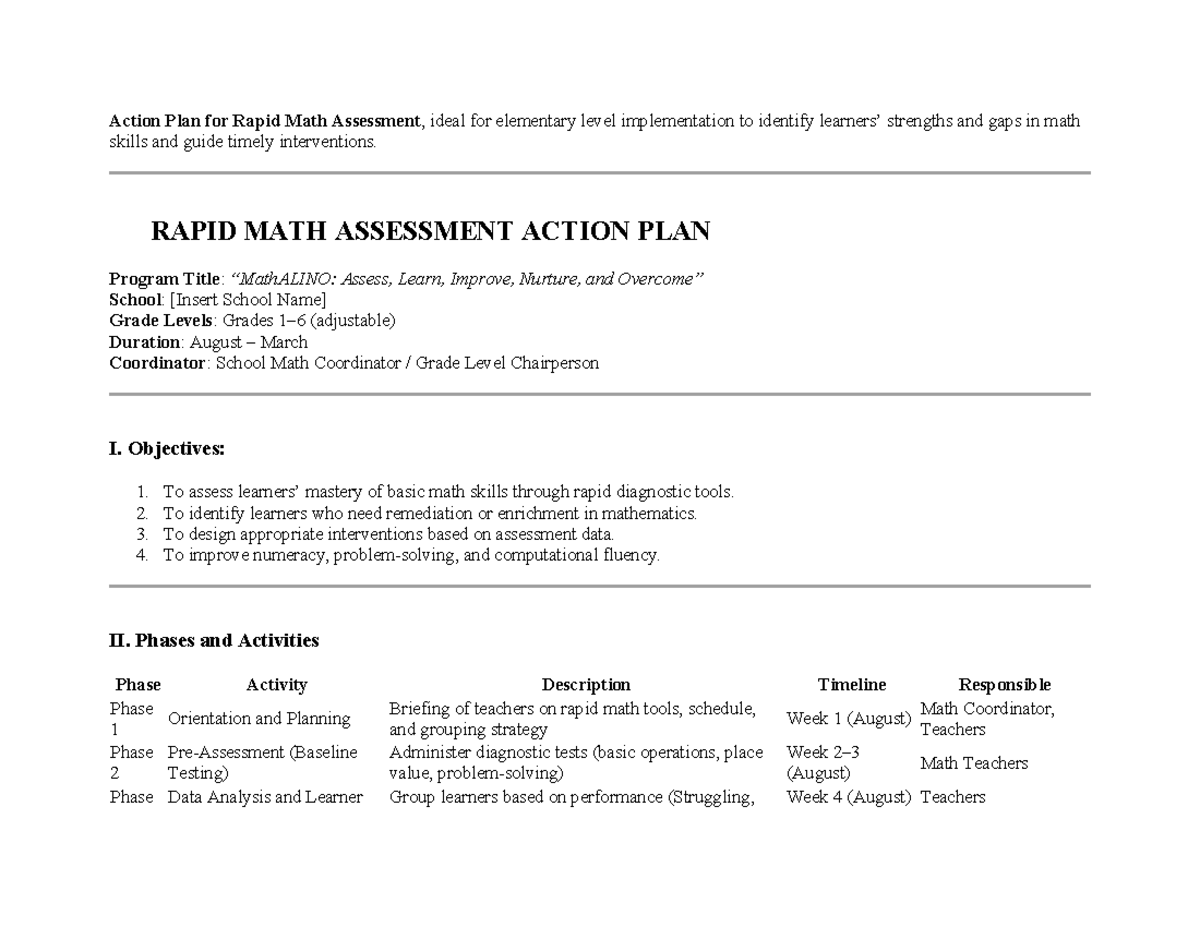 RAPID MATH ASSESSMENT ACTION PLAN: Strategies for Elementary Success ...