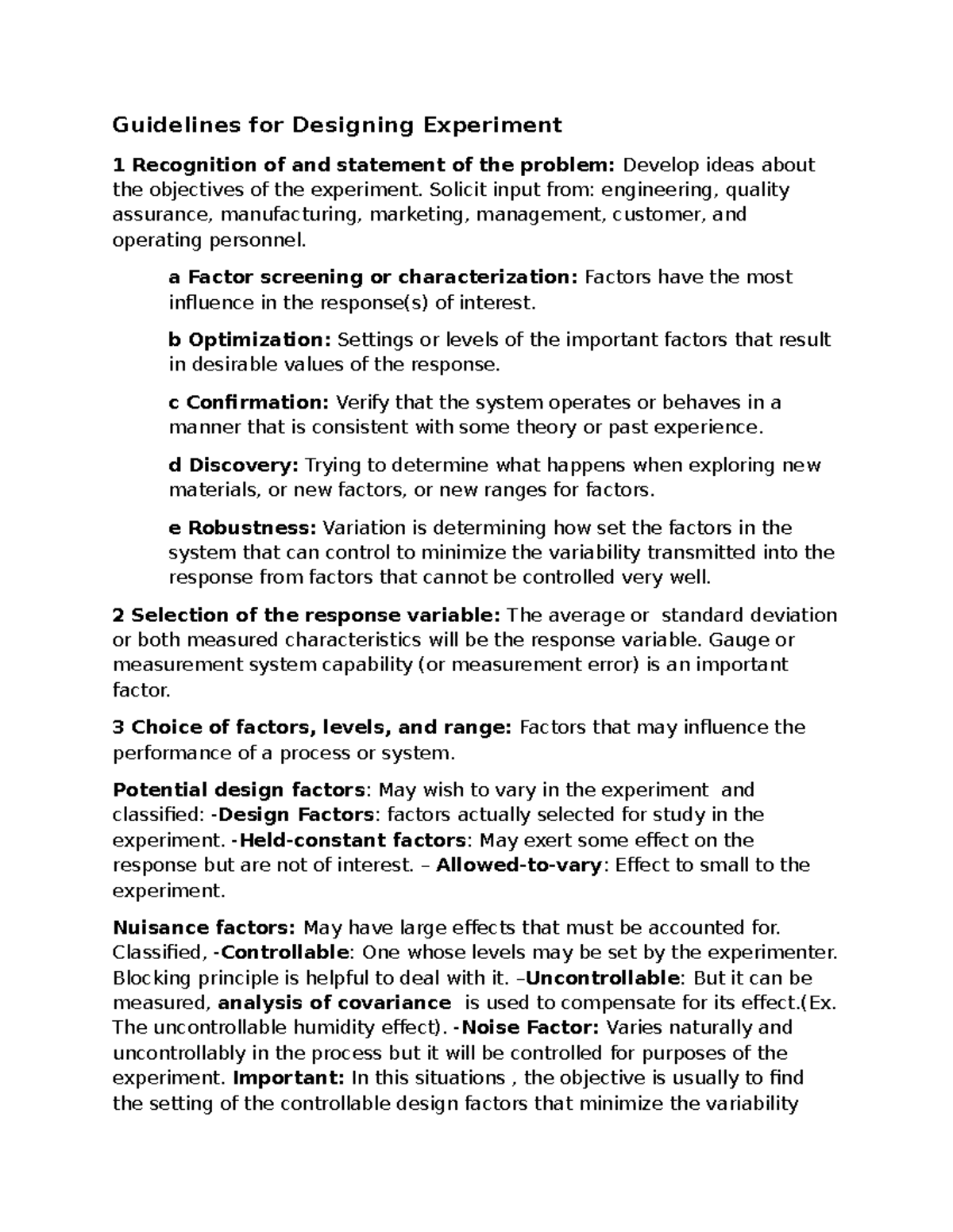 Guidelines for Designing Experiments: Objectives & Factors Analysis - Studocu