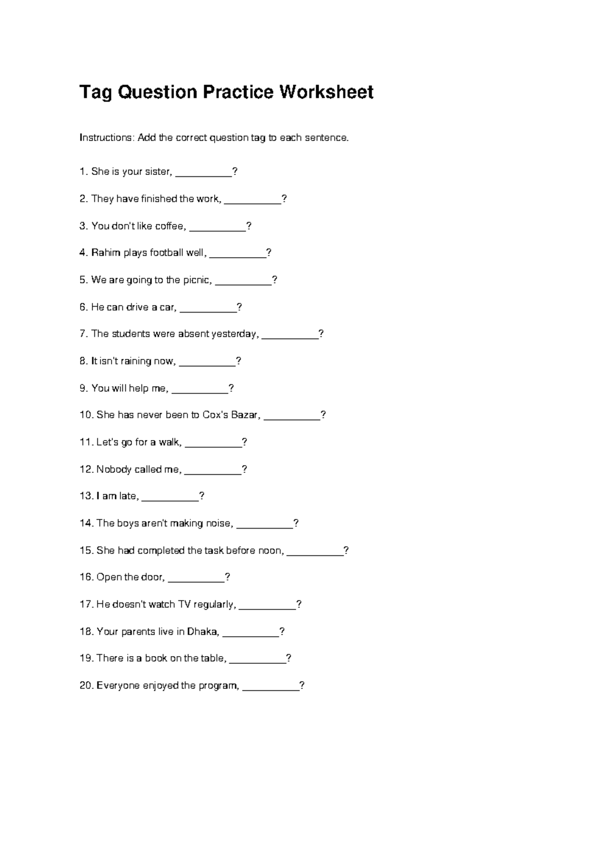 Tag Question Practice Worksheet Instructions - Studocu