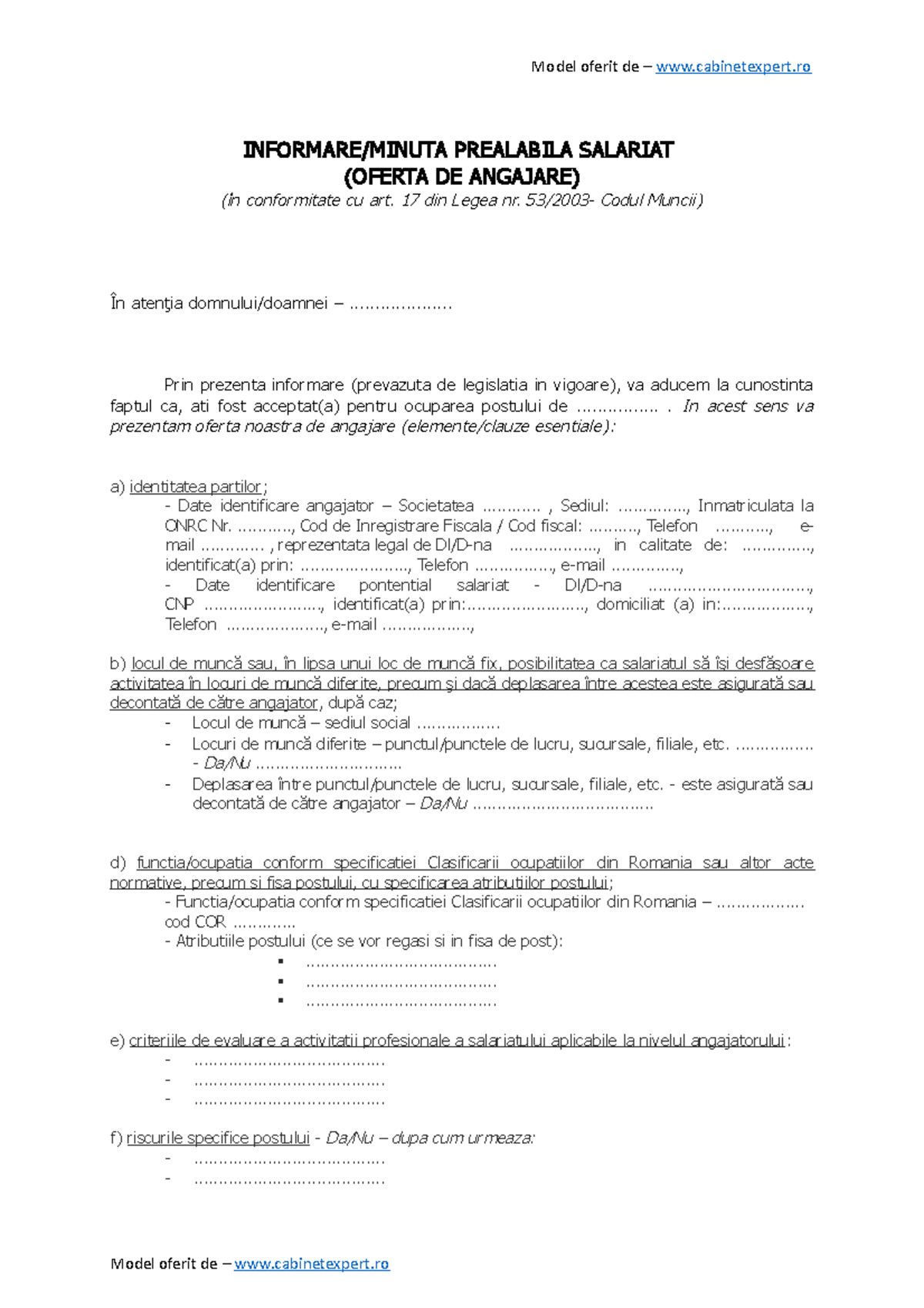 Model informare prealabilă angajat - Oferta de angajare 2022 - Studocu