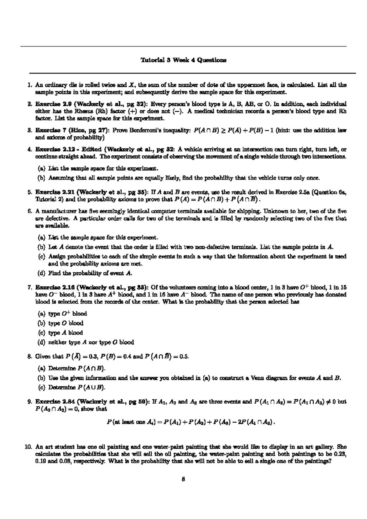 Tutorial 3 Week 4 Probability Questions and Exercises - Studocu