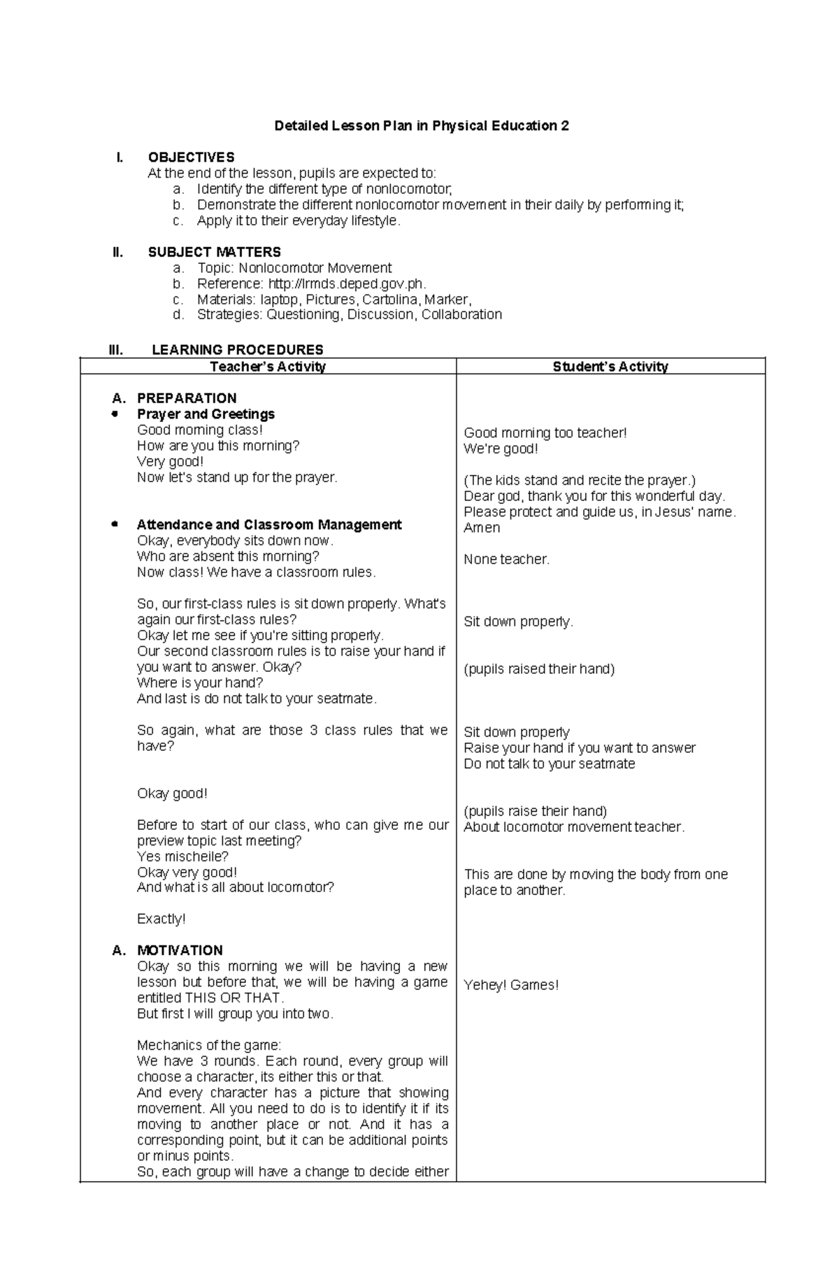 Detailed lesson plan in pe - Detailed Lesson Plan in Physical Education ...