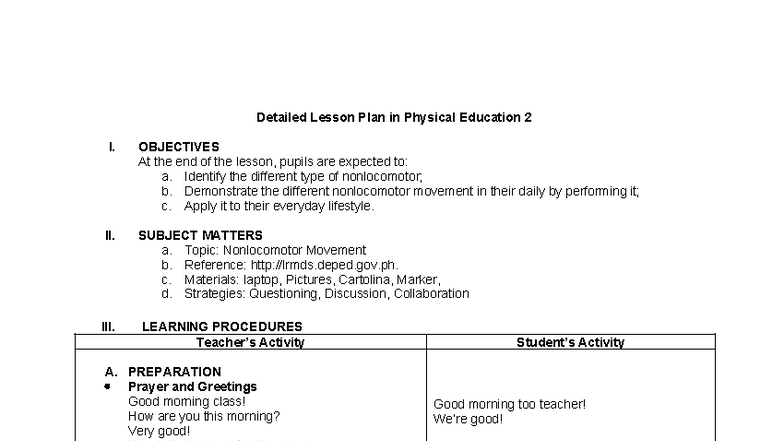 Detailed Lesson Plan in PE 2: Nonlocomotor Movement Activities - Studocu
