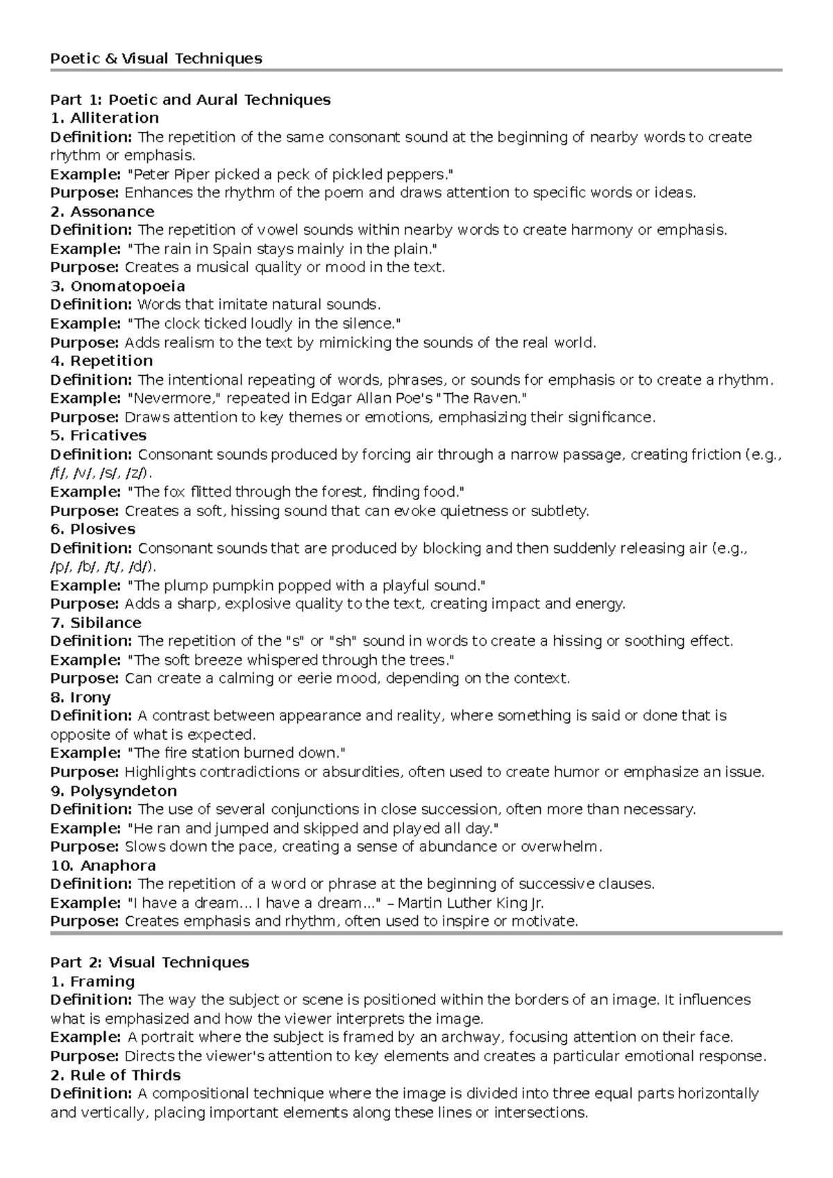 Poetic & Visual Techniques Overview: Devices Definitions for Course ...