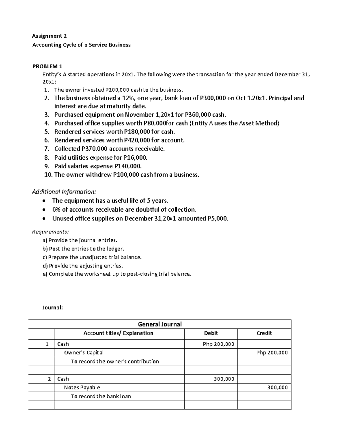 Accounting Cycle of a Service Business - Assignment 2 Accounting Cycle ...
