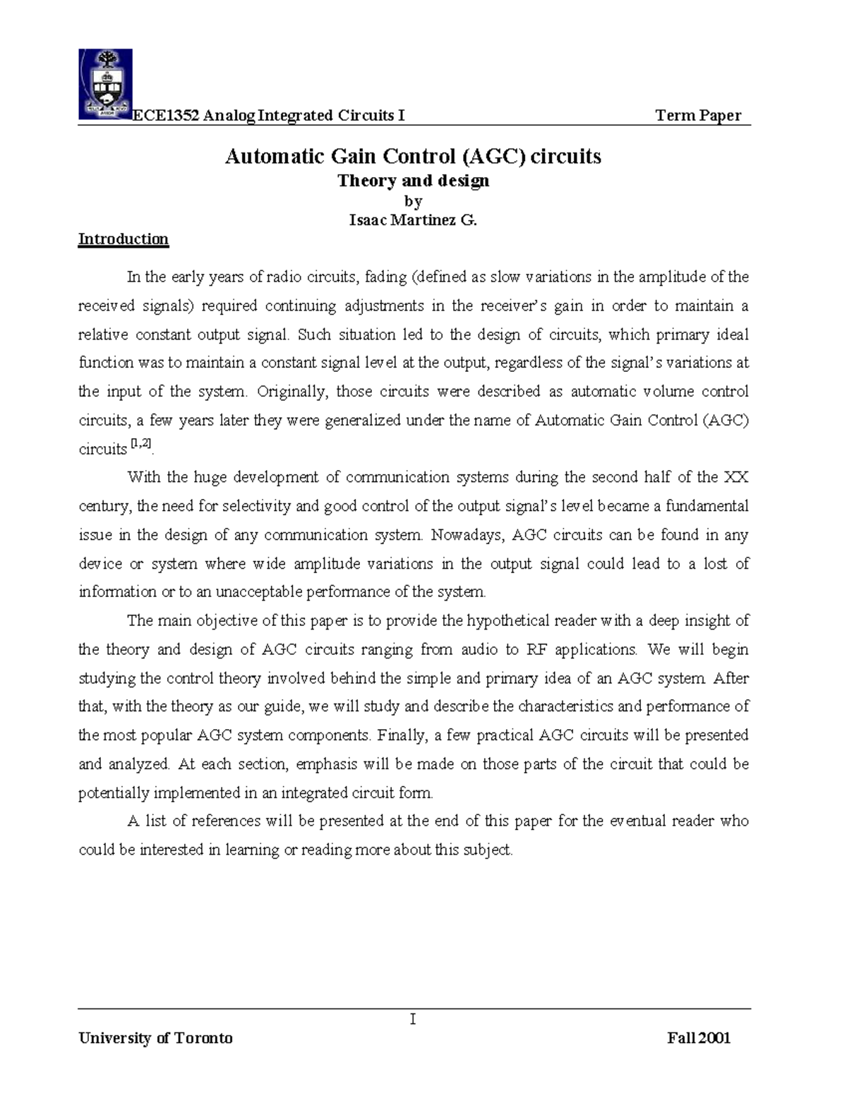 ECE1352 Analog Integrated Circuits I Term Paper: Theory & Design of AGC ...