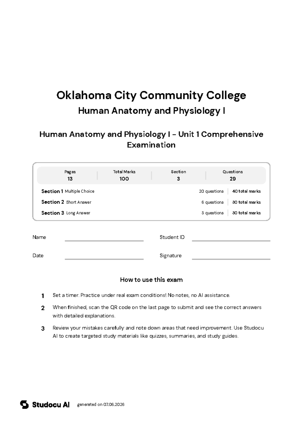 Human Anatomy and Physiology I - Unit 1 Exam - Studocu