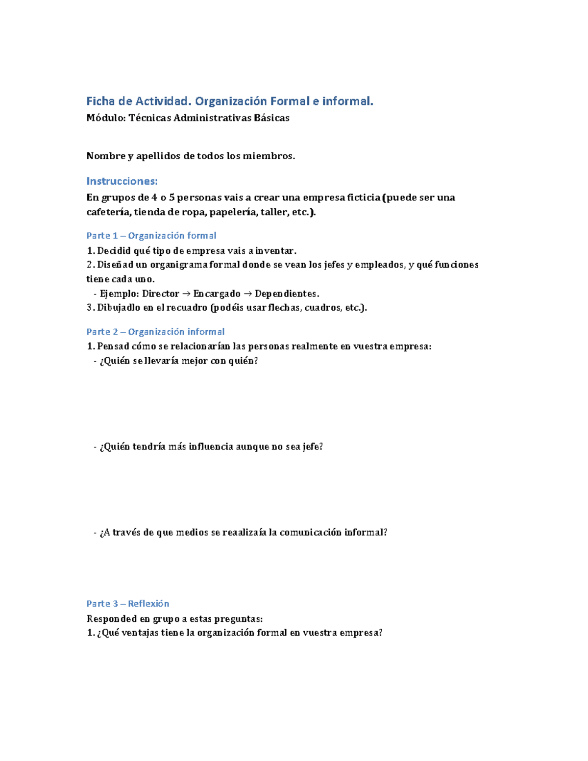 Ficha de Actividad: Organización Formal e Informal - Técnicas Adm ...