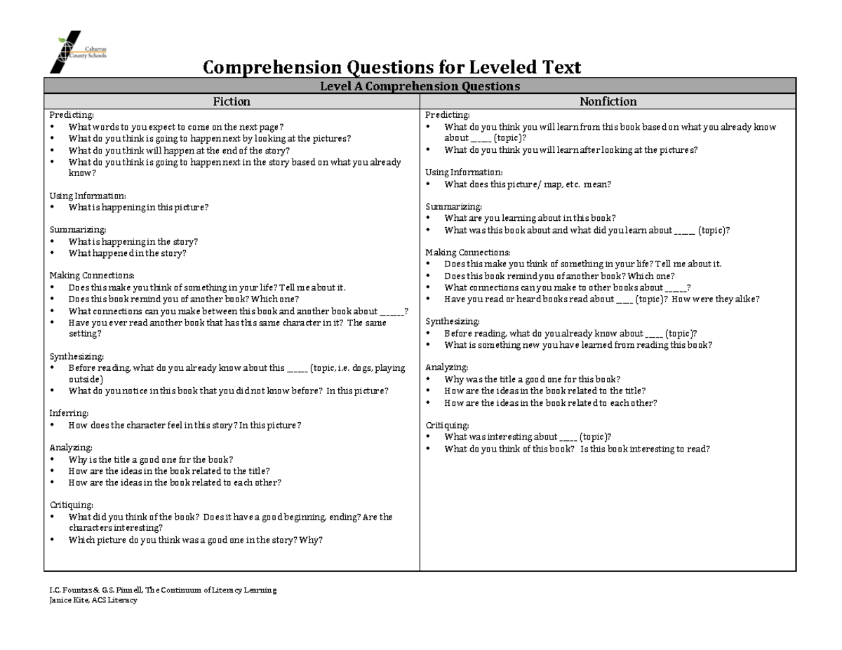 Level A-G Comprehension Questions for Fiction and Nonfiction - Studocu