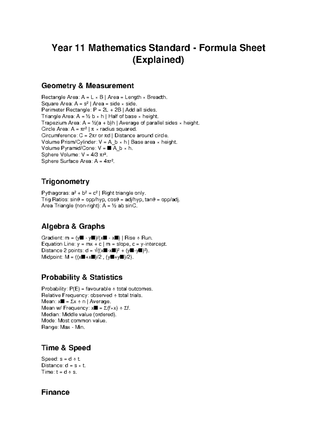 Year 11 Maths Standard Formula Sheet (Geometry & Stats) - Studocu