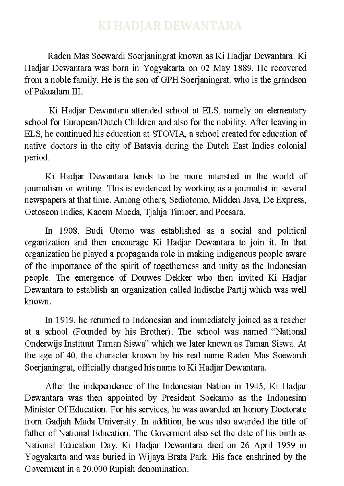 KI Hadjar Dewantara: A Biography of Indonesia's Education Pioneer - Studocu