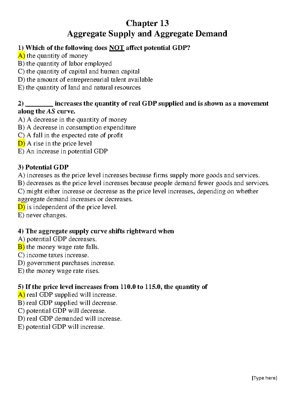 CH13 Answers - Aggregate Supply & Demand Concepts and Questions - Studocu
