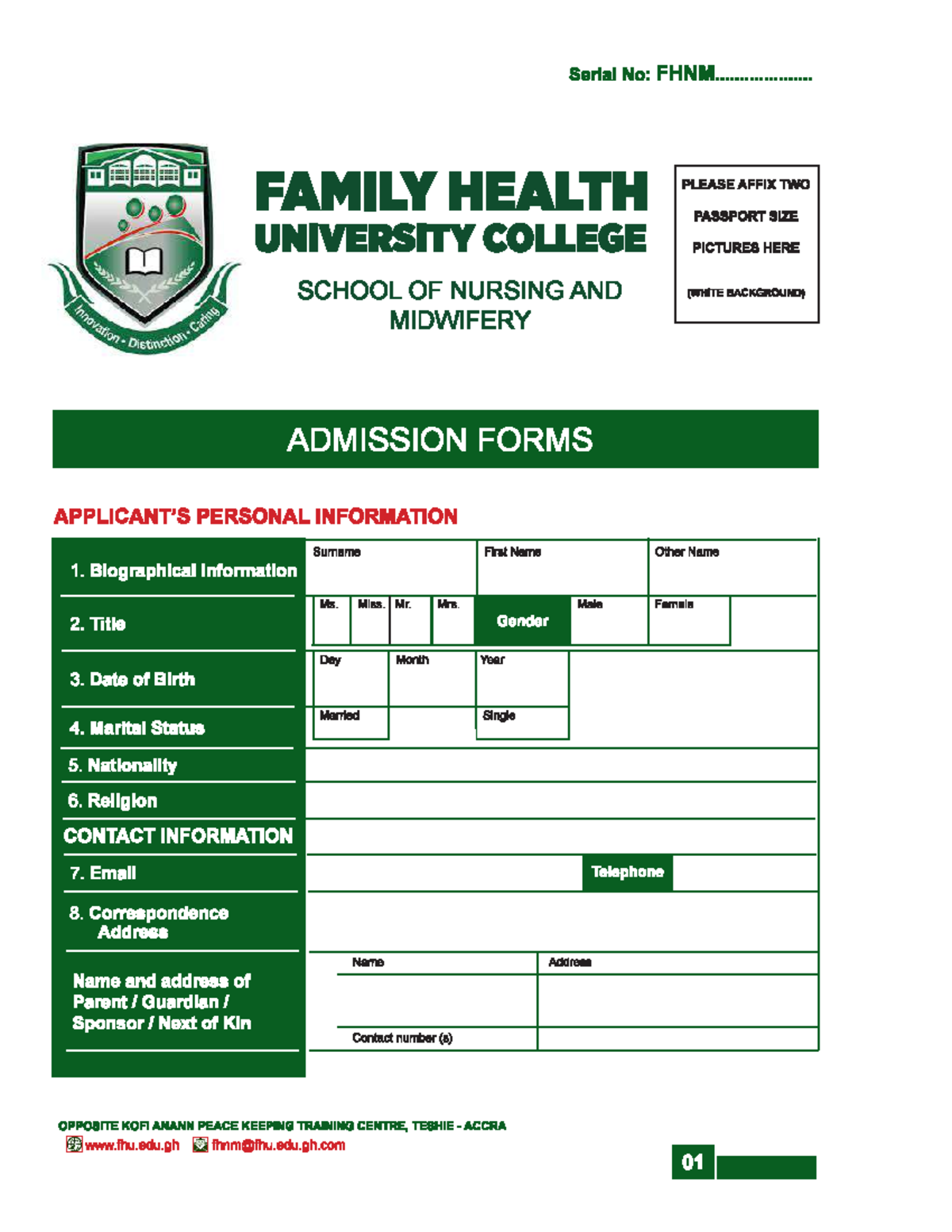 Nursing Sch Application Form - Serial No: FHNM FAMILY HEALTH PLEASE ...