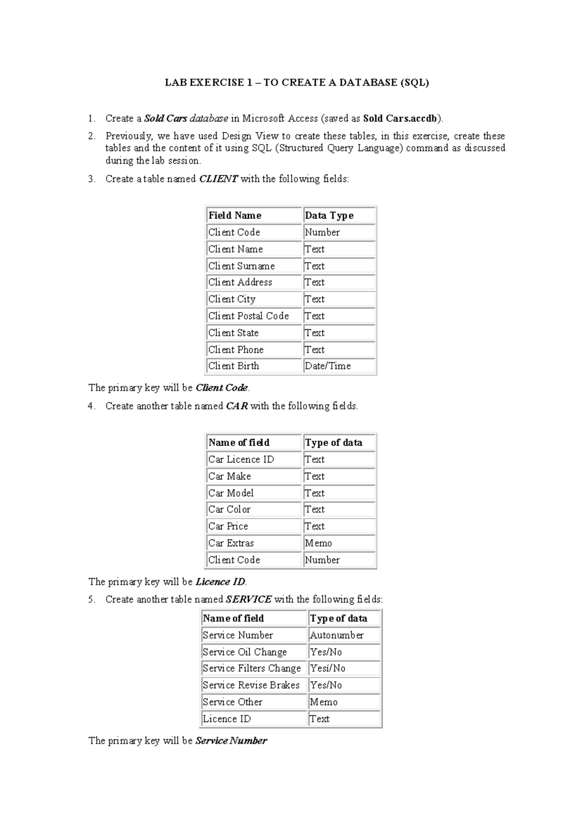 LAB EXERCISE 1: CREATING A DATABASE (SQL) - Studocu
