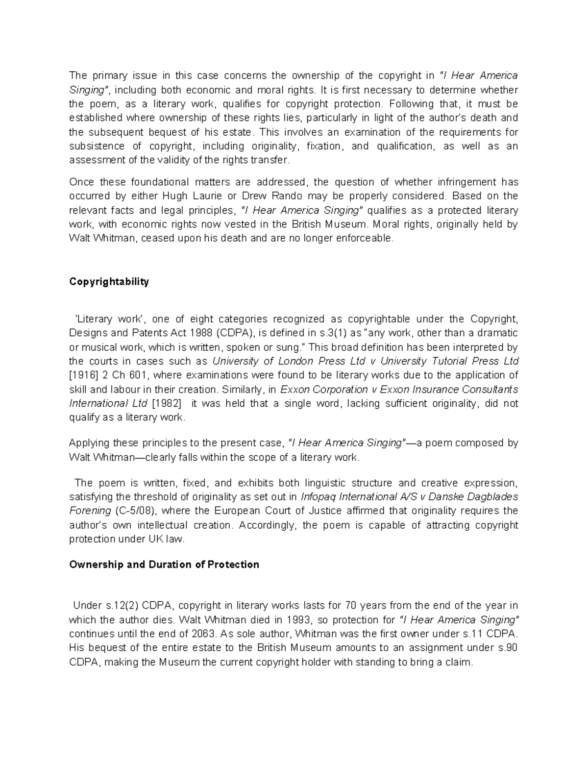 Copyright Ownership and Infringement Analysis: Hear America Case Study ...