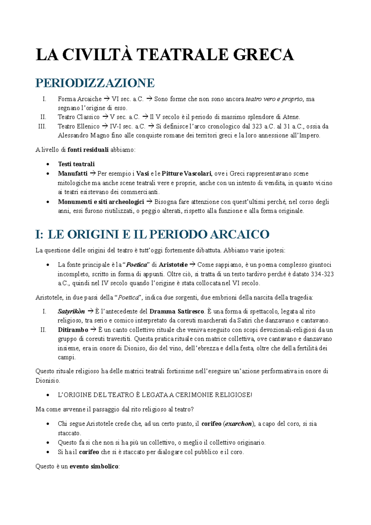 Teatro e Civiltà Greca: Periodizzazione e Origini (LA) - Studocu