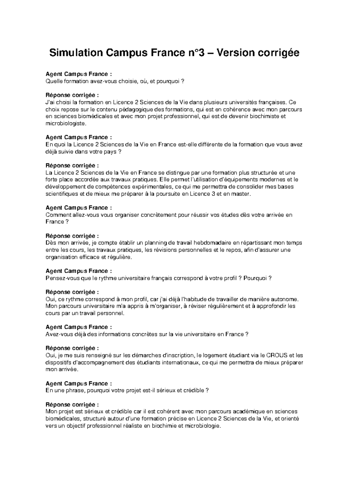 Simulation 3 Campus France Corrigée : Choix de Licence 2 en Sciences de ...