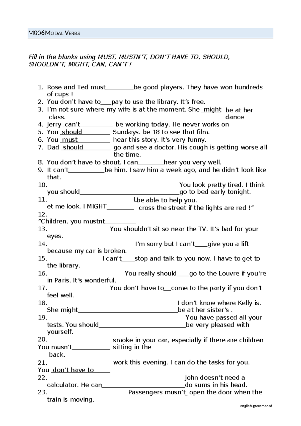 M006 Modals Extra 1 - Fill in the Blanks Exercise on Modals - Studocu