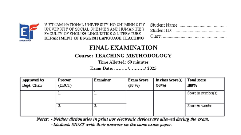 Final Exam Template for Teaching Methodology (TM) - Studocu