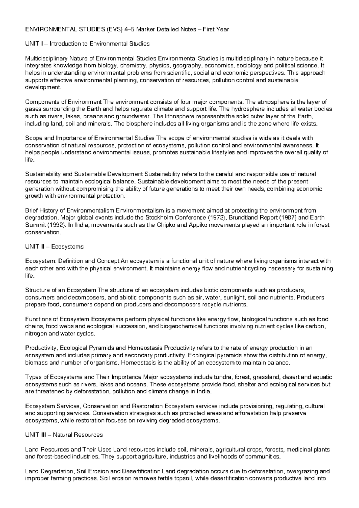 EVS First Year Detailed Notes: Environmental Studies Overview - Studocu