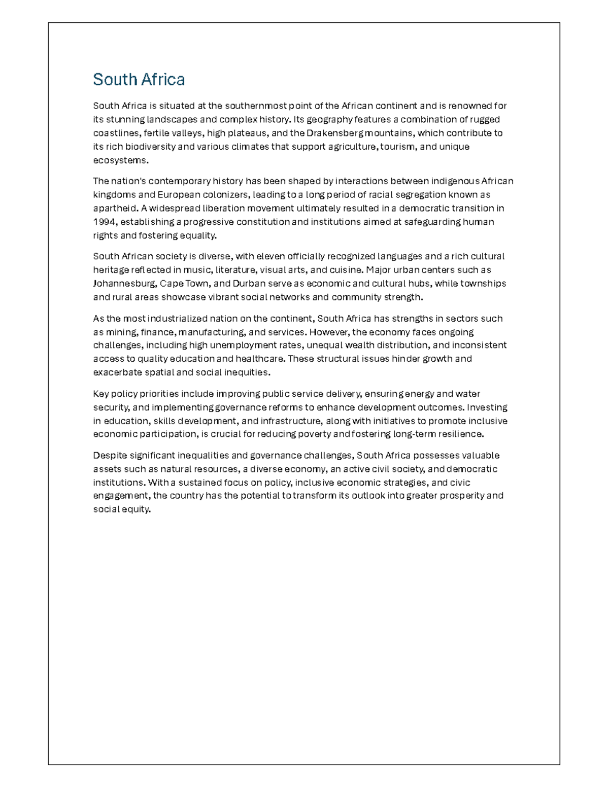 South Africa: A Comprehensive Essay on Its Geography and History - Studocu