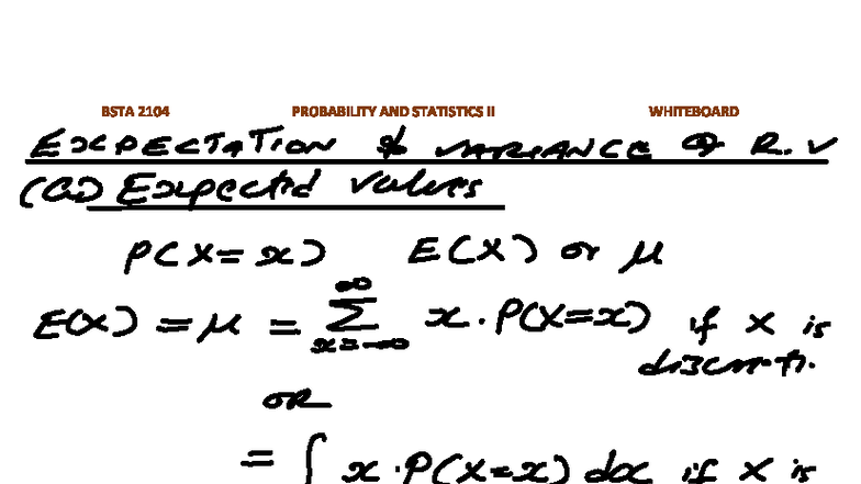 BSTA 2104 PROBABILITY AND STATISTICS II WHITEBOARD LESSON 3 NOTES - Studocu