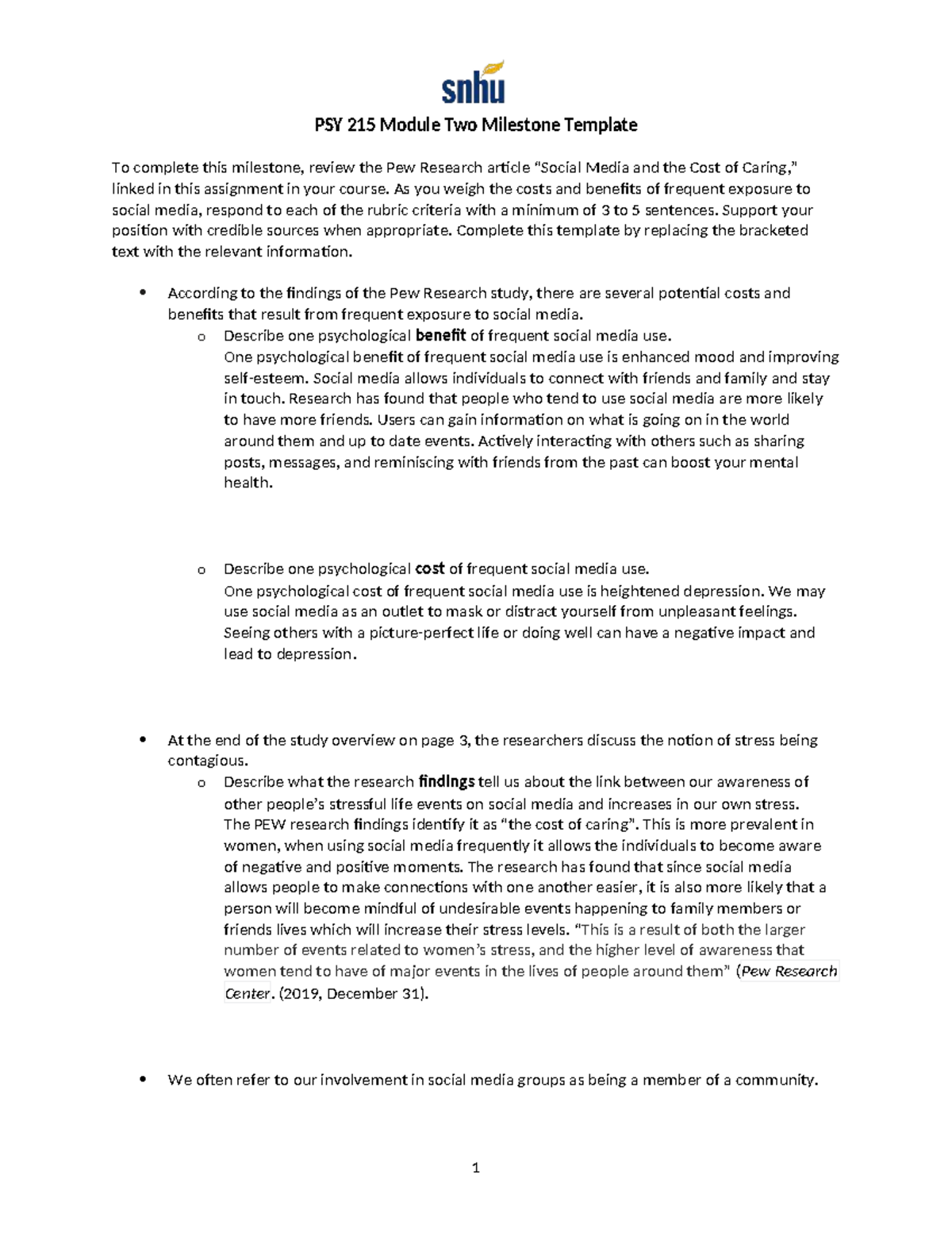 PSY 215 Social Media & Psychological Impact Milestone Template - Studocu