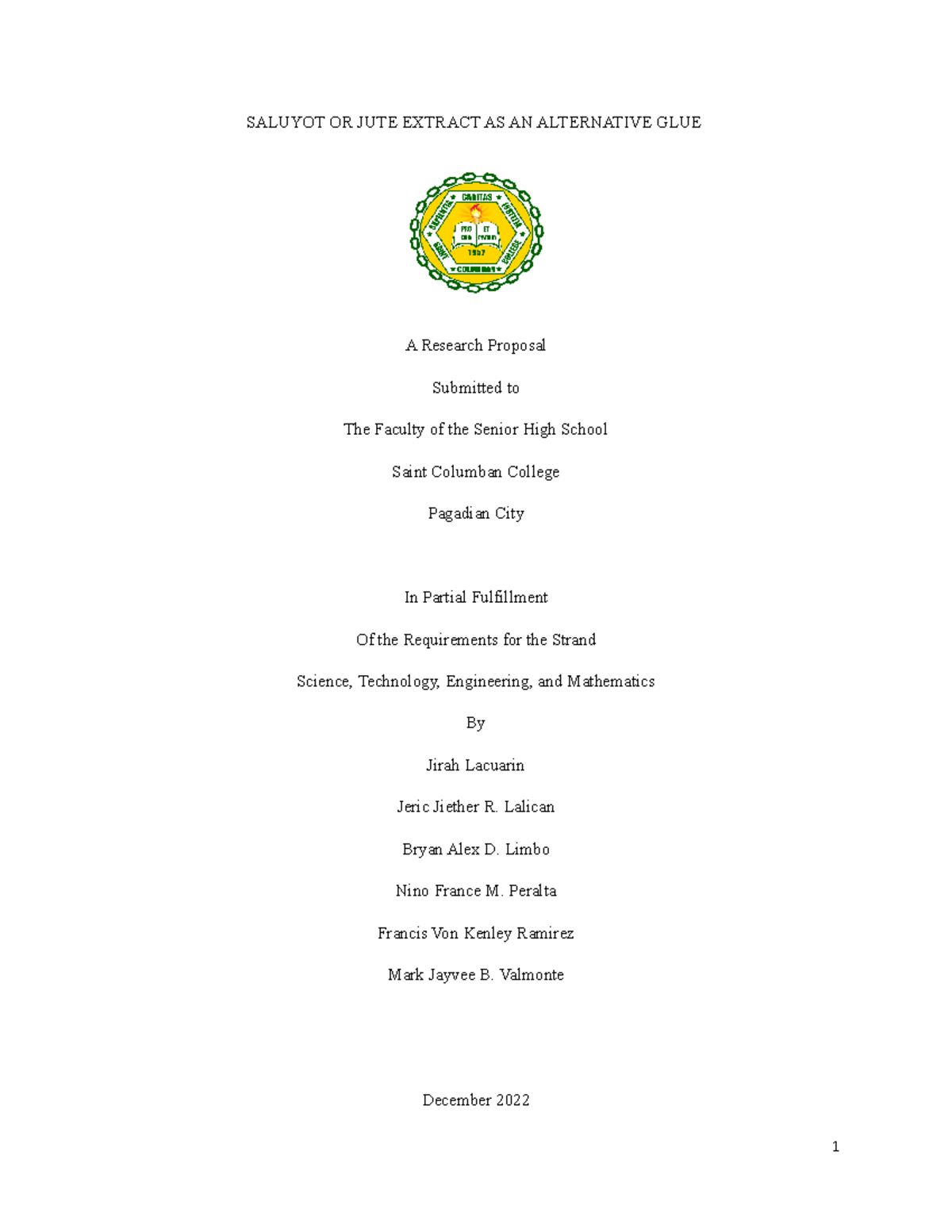 STEM Research Proposal: Saluyot (Jute) Extract as Alternative Glue ...