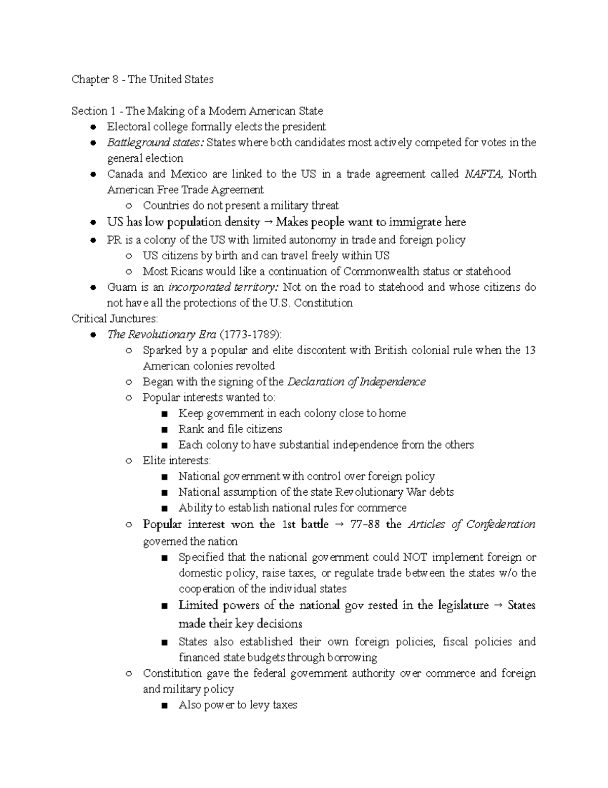 P.S. Kesselman Ch 8 Notes - Chapter 8 - The United States Section 1 ...