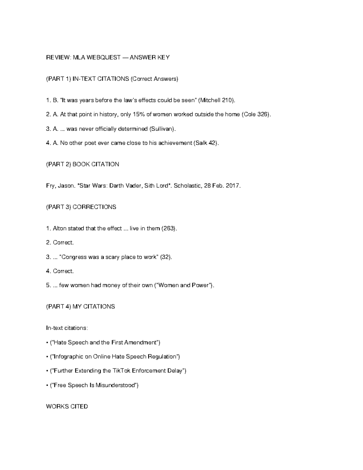 MLA Webquest Answer Key (Part 1 & 2) - Citations & Corrections - Studocu