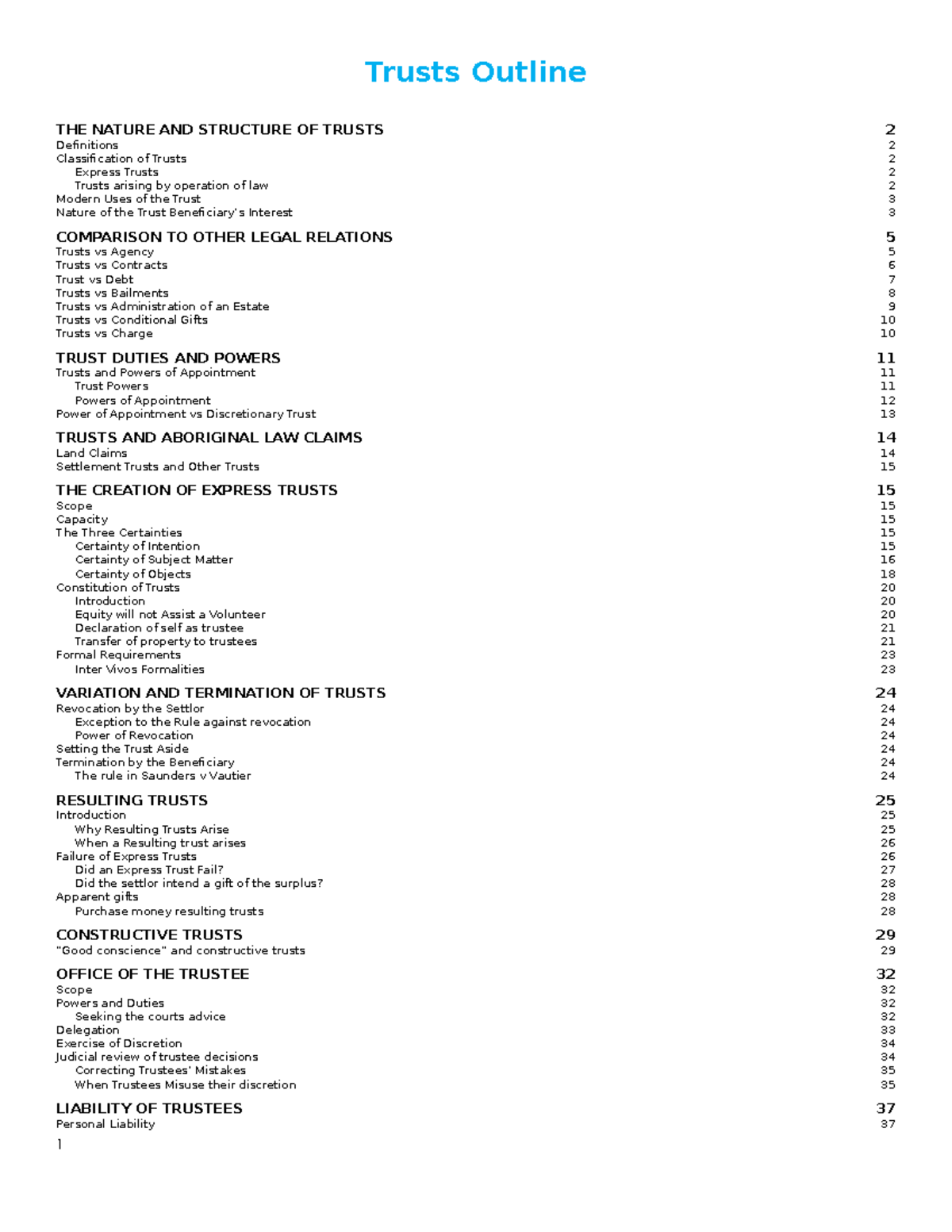 Trust Law Fall 2020 Notes - All Case Briefs - Trusts Outline THE NATURE ...
