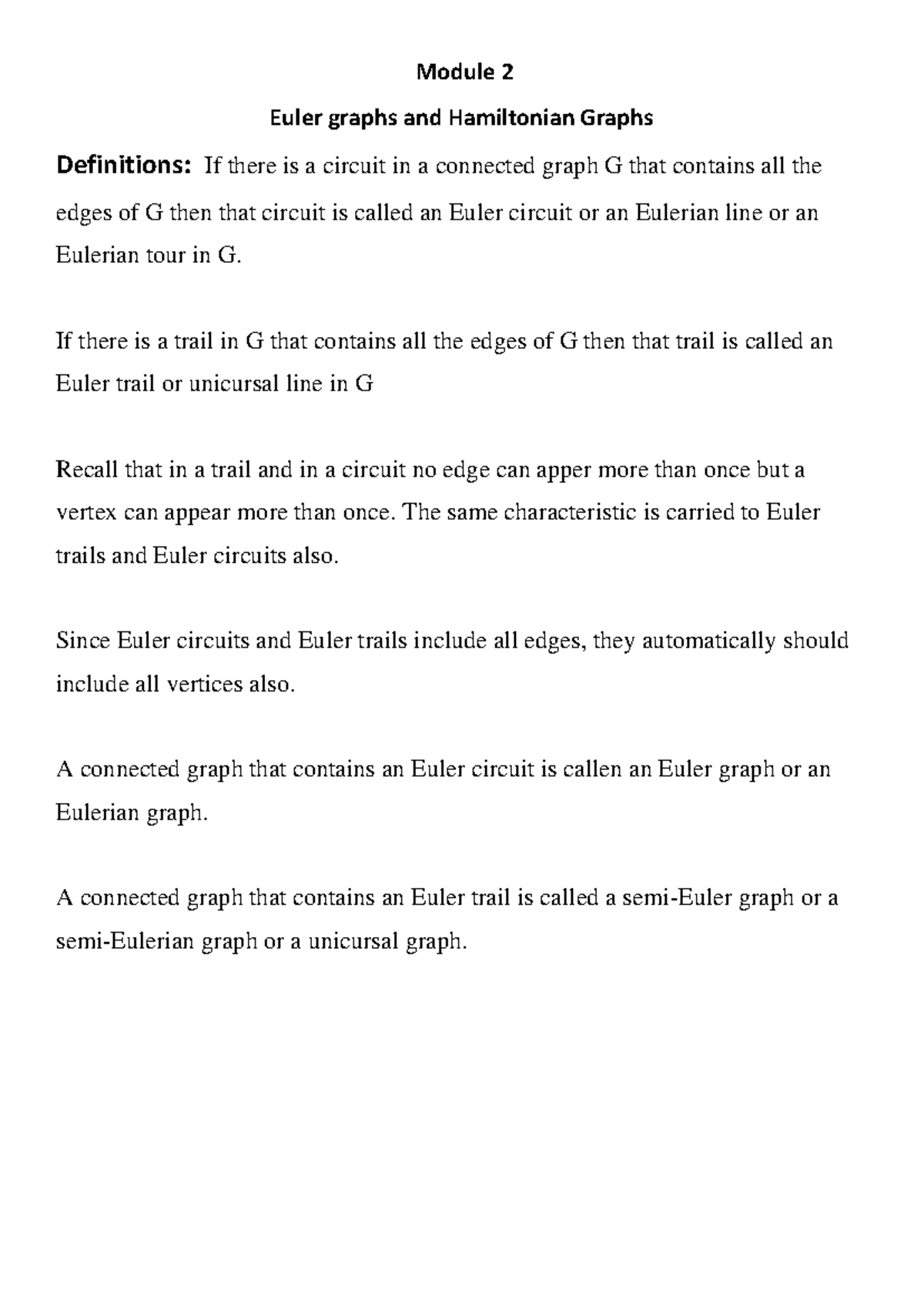 Module 2 Notes: Euler and Hamiltonian Graphs概述 - Studocu