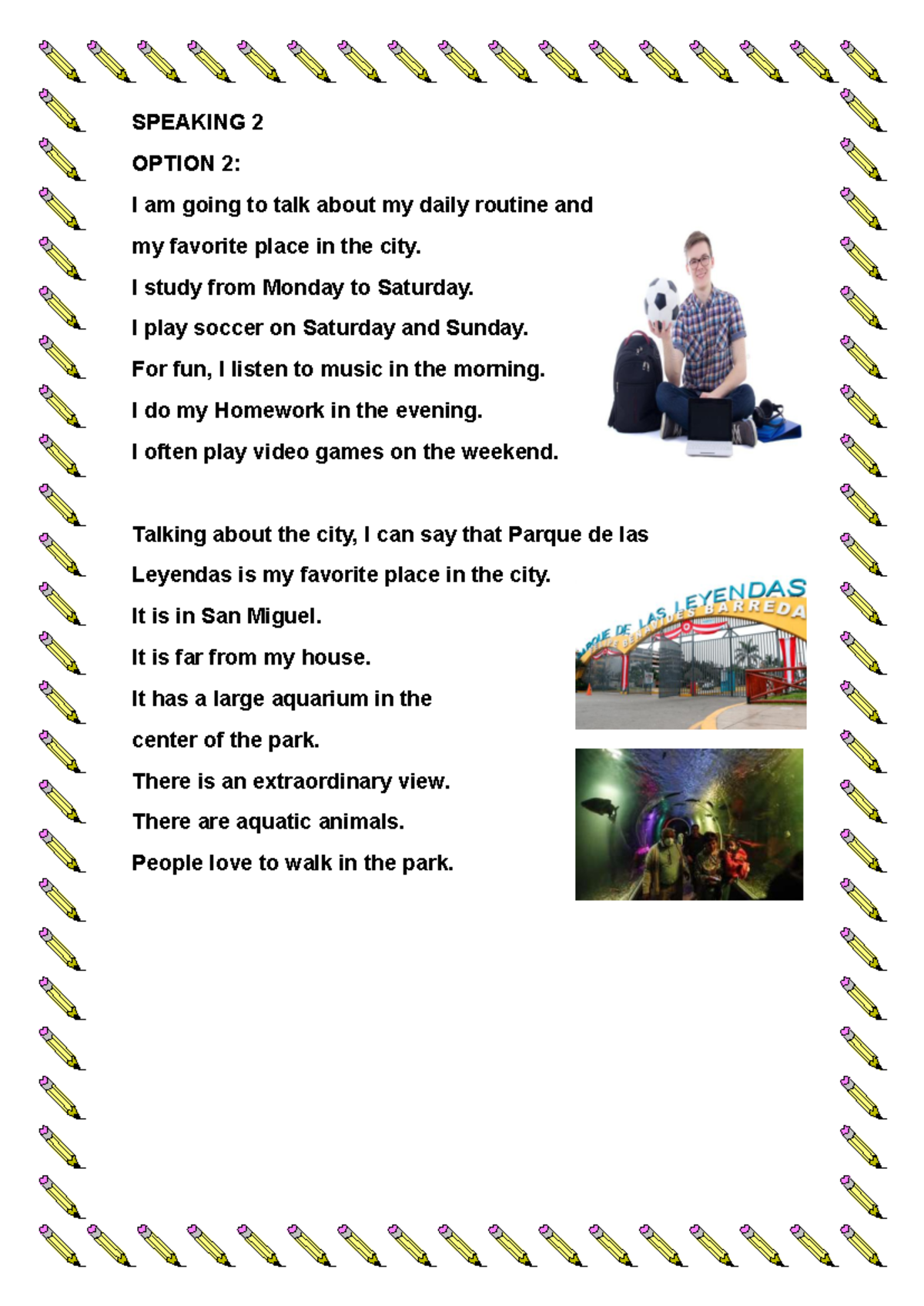 SPEAKING 2: My Daily Routine & Favorite Place in the City - Studocu