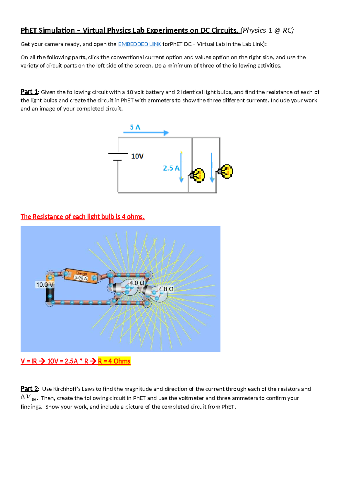 PhET Lab Experiments on DC Circuits (Physics 1 RC) - Studocu