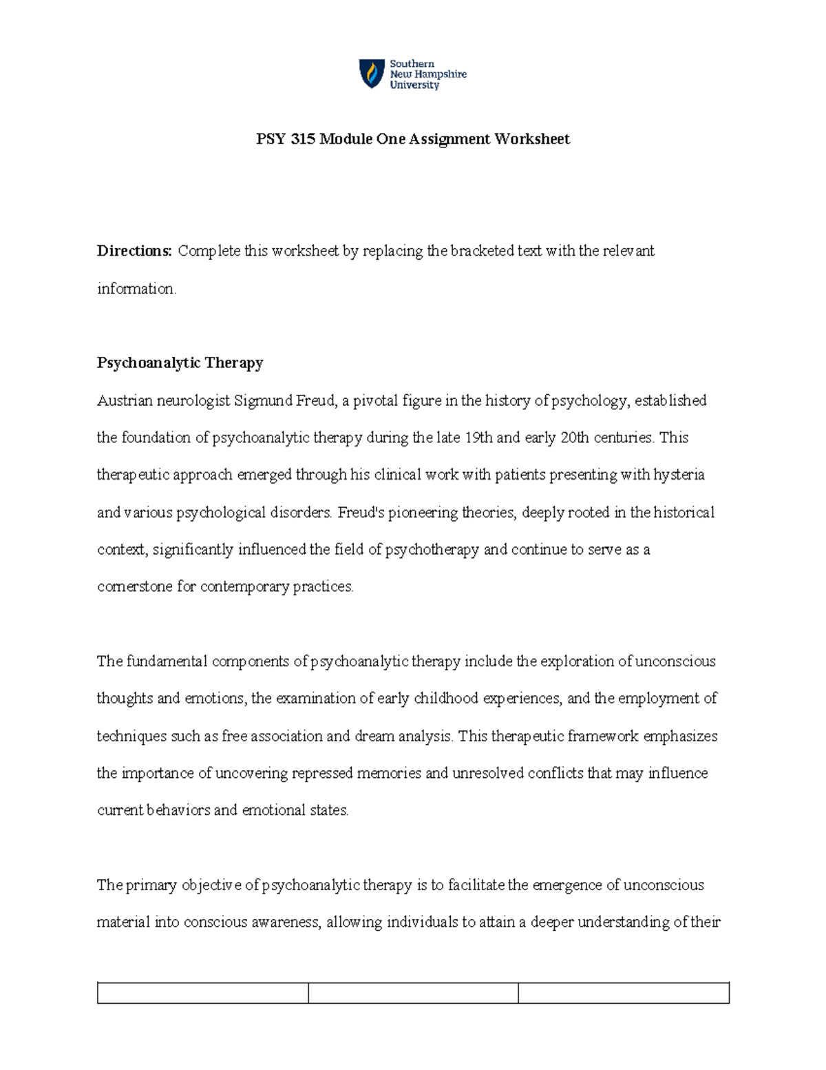 PSY 315 Module One Assignment Worksheet (1) - PSY 315 Module One ...