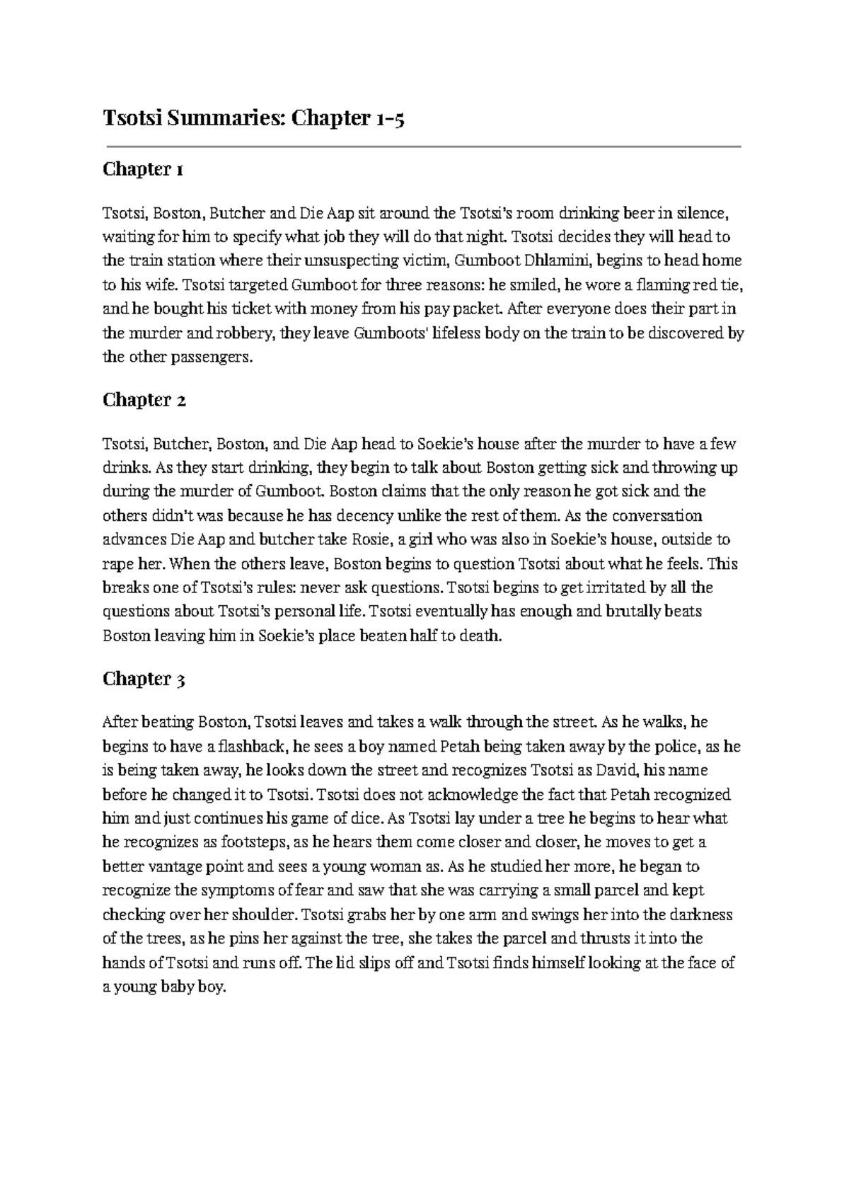 Tsotsi (C1-5) Summary: Insights into Character and Plot Development ...