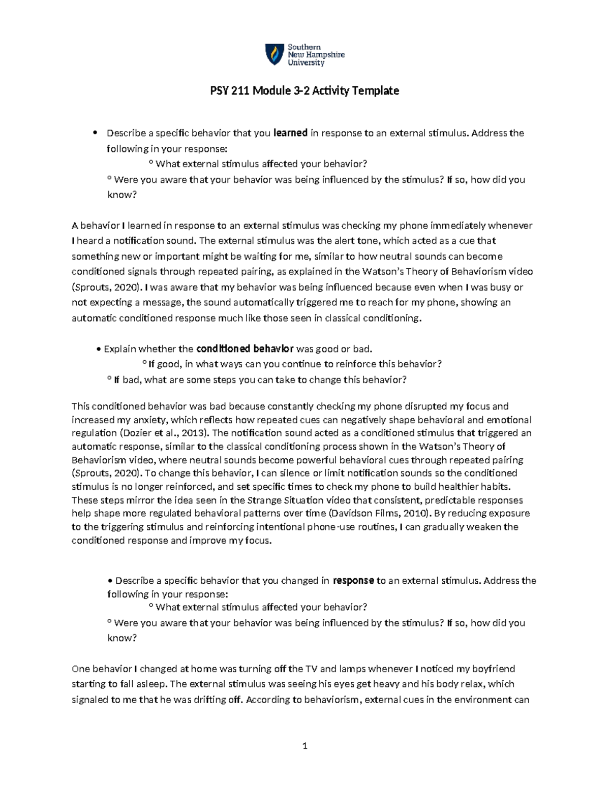 PSY 211 Module 3-2 Activity: Behavior Response to External Stimuli ...