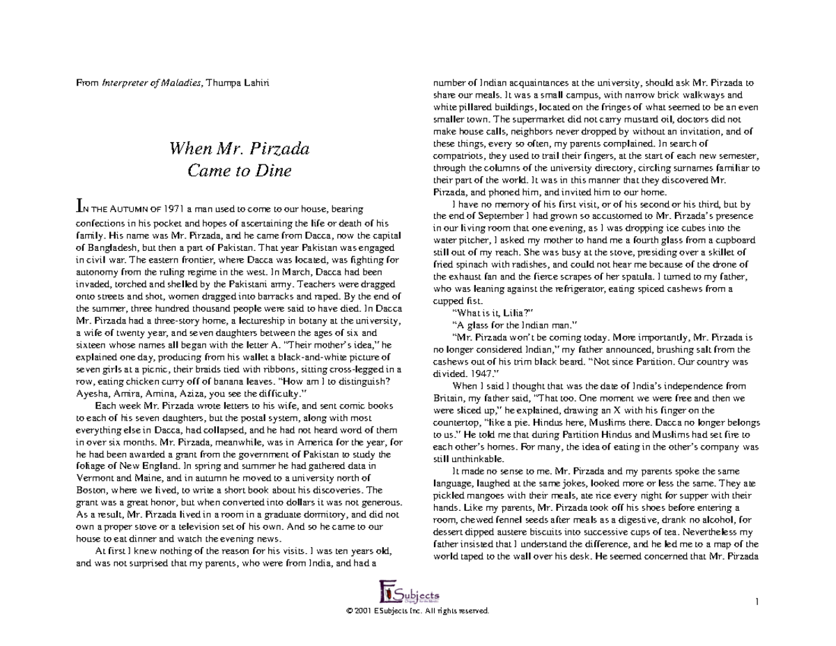 Mr Prizada - good - From Interpreter of Maladies , Thumpa Lahiri When ...