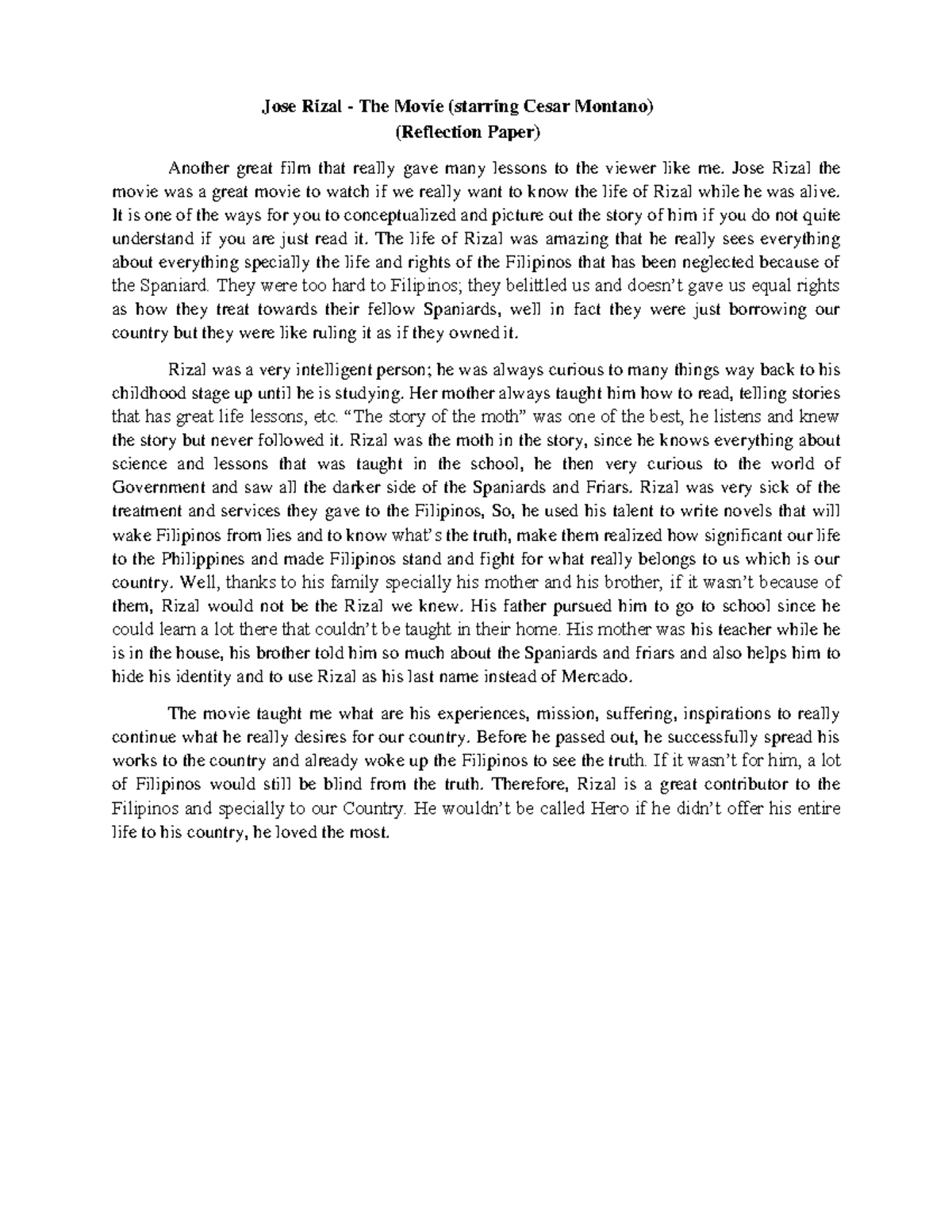 Reflection on Jose Rizal: Insights from the Movie Starring Cesar ...