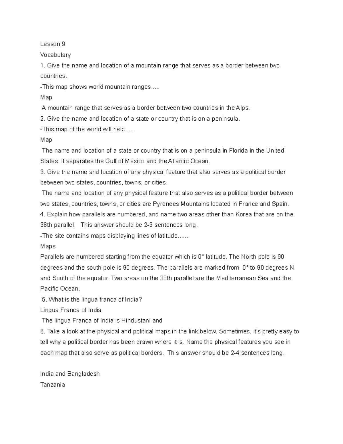 9 - Class notes for World Geography - Lesson 9 Vocabulary Give the name ...