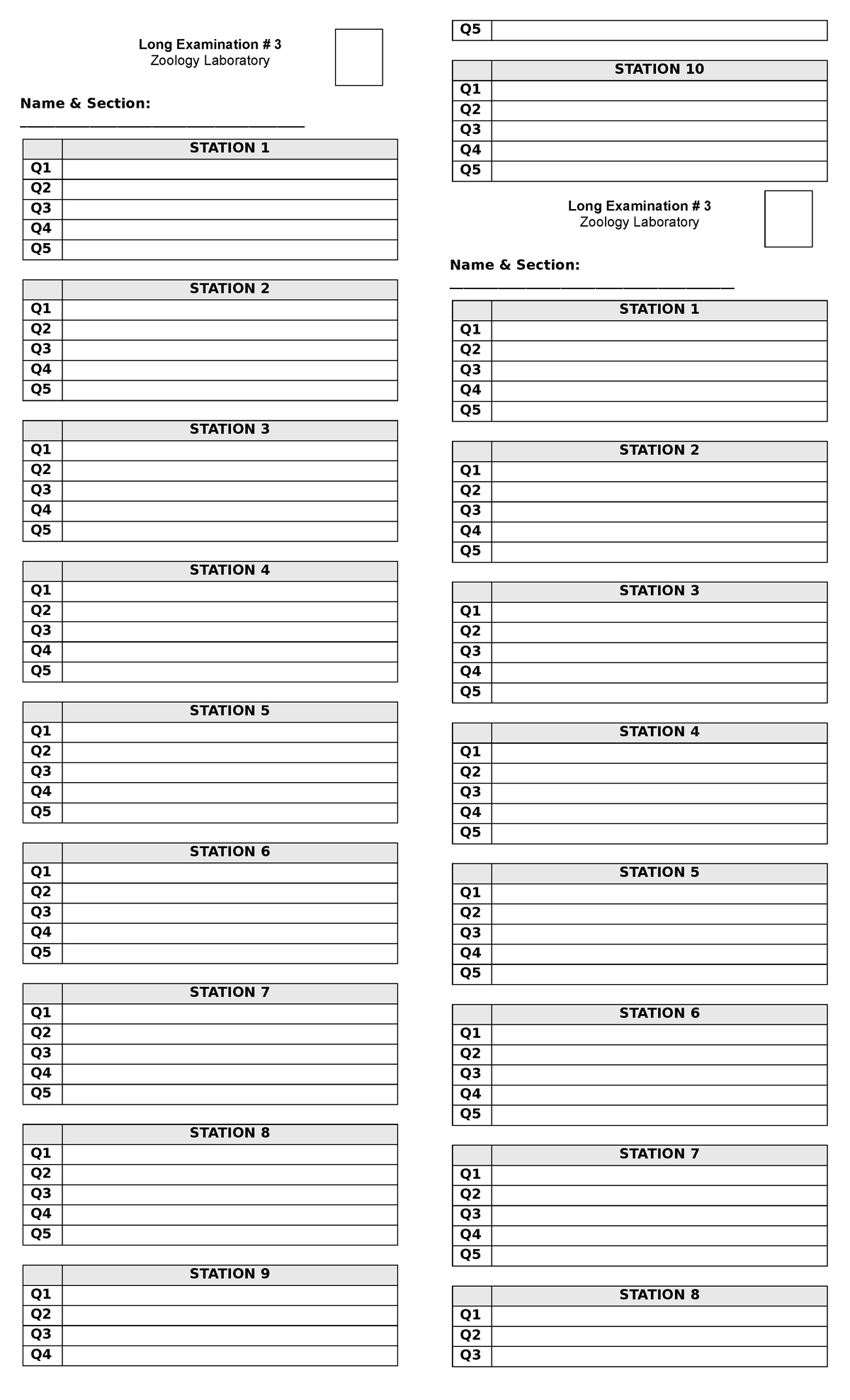 ZOO 301 Long Examination 3 Answer Sheet for Laboratory Stations - Studocu