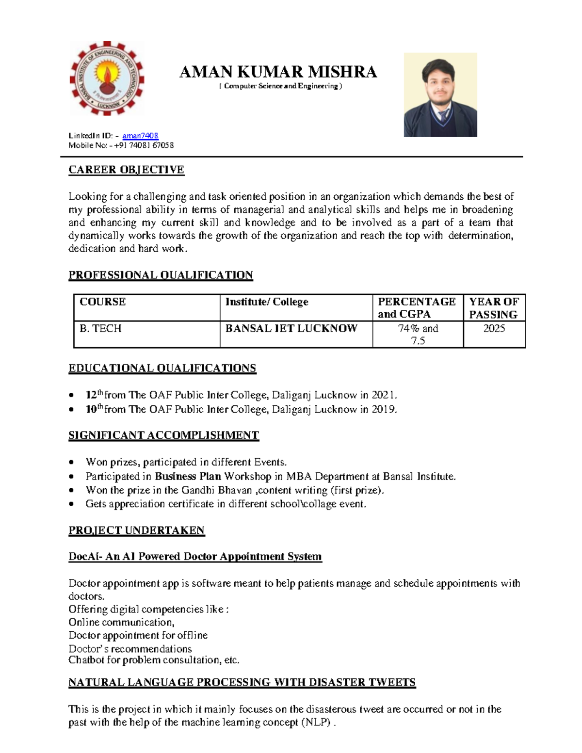 B. TECH Resume of Aman Kumar Mishra - CSE Learning Purpose - Studocu